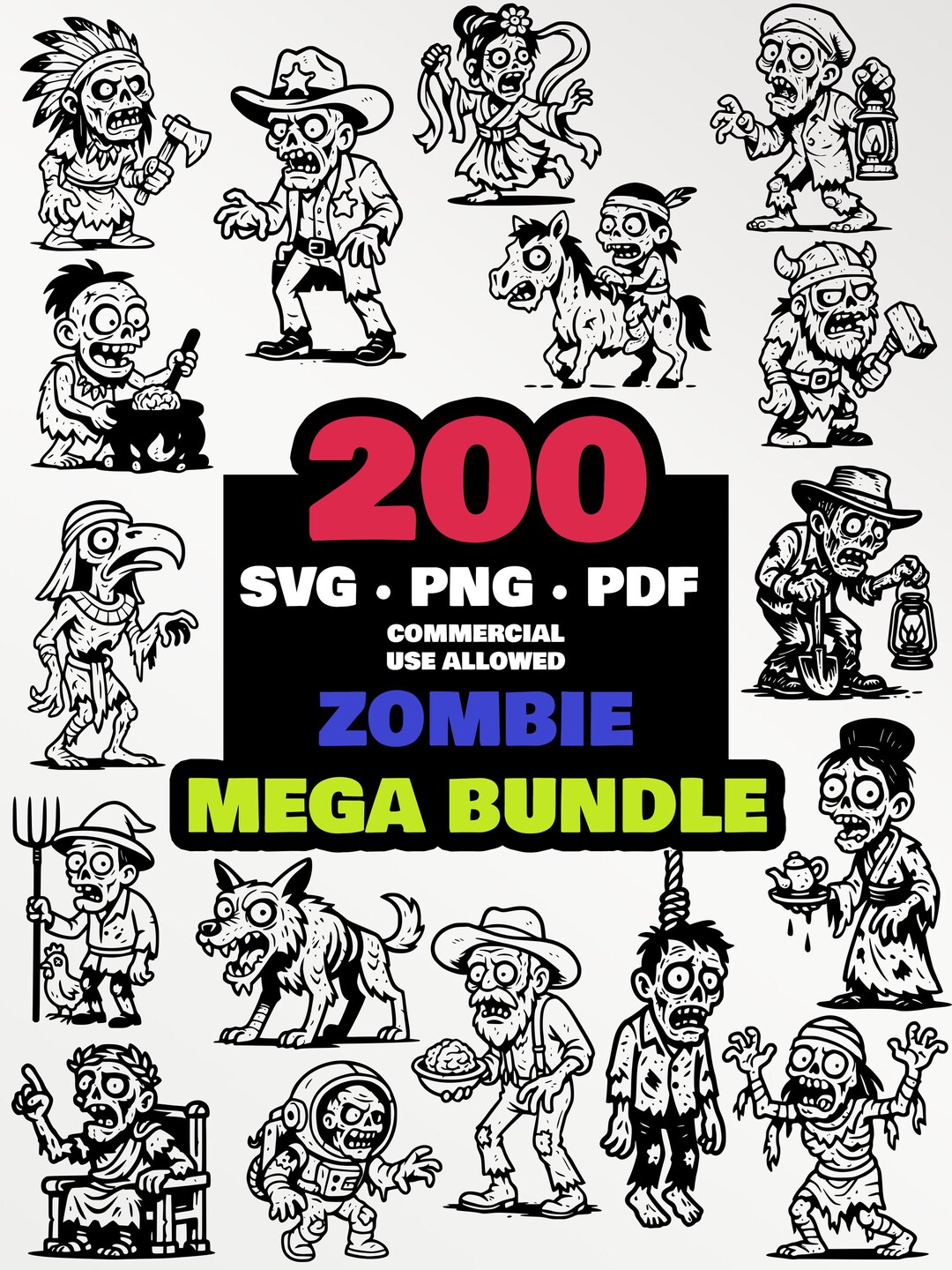 200 Halloween Zombie SVG PNG Pdf Bundle Horror Clipart for Cricut ...