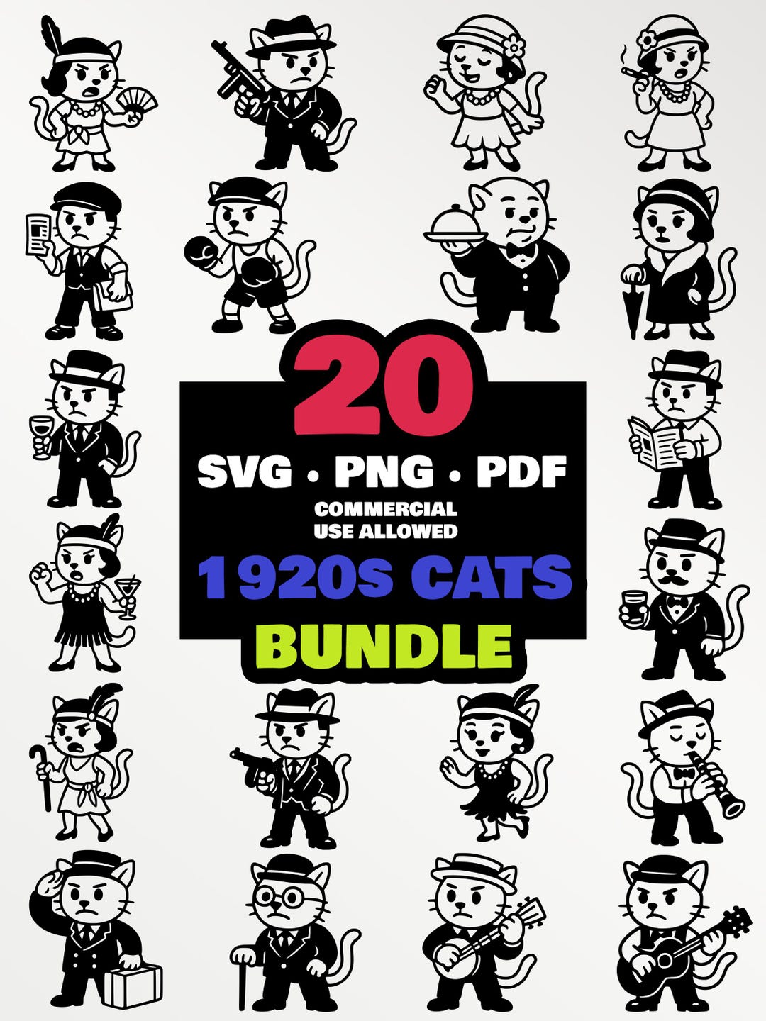 1920s Cats Bundle SVG PNG PDF | 20 Vintage Cat Designs Roaring 20s ...