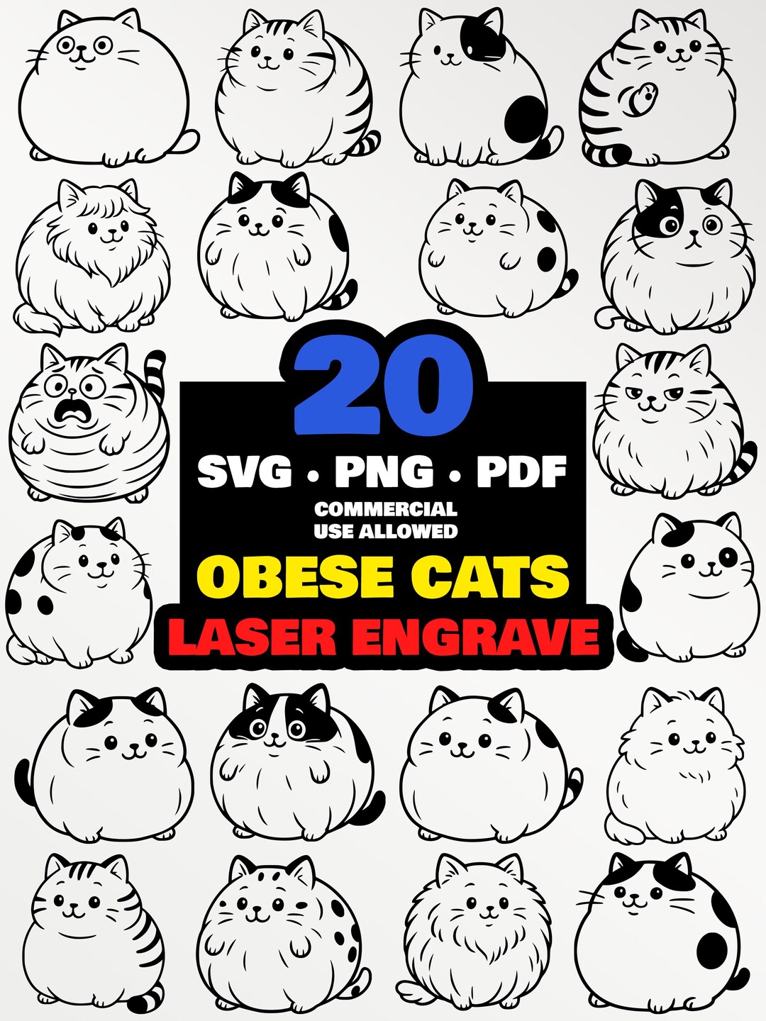 20 Obese Cats SVG Bundle for Laser Engraving | Fat Cat Clipart Pack ...