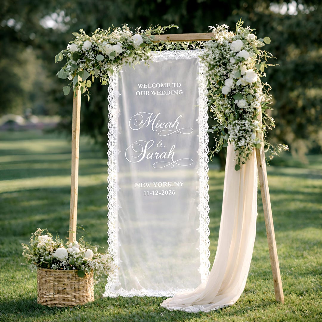Romantic Lace Wedding Welcome Sign, Sheer Tulle Ceremony Banner, Fabric ...