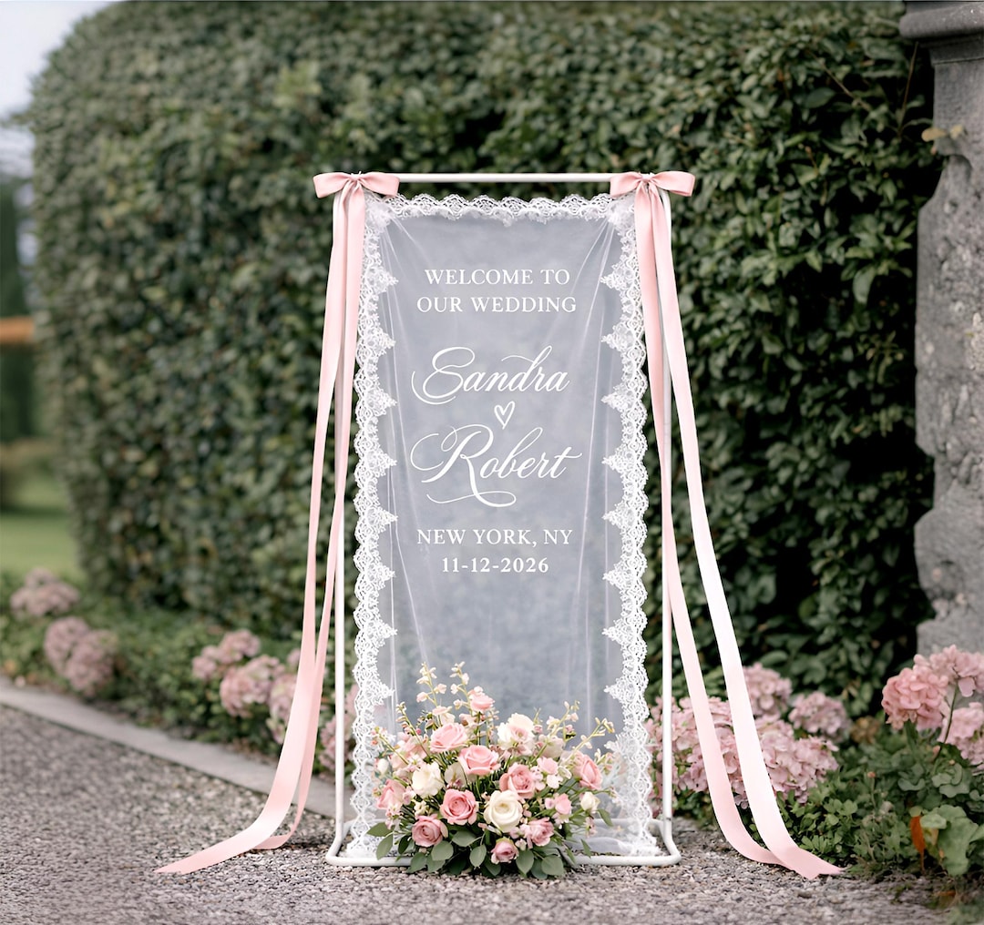 Romantic Lace Welcome Sign, Clear Sheer Tulle Wedding Signage, Fabric ...