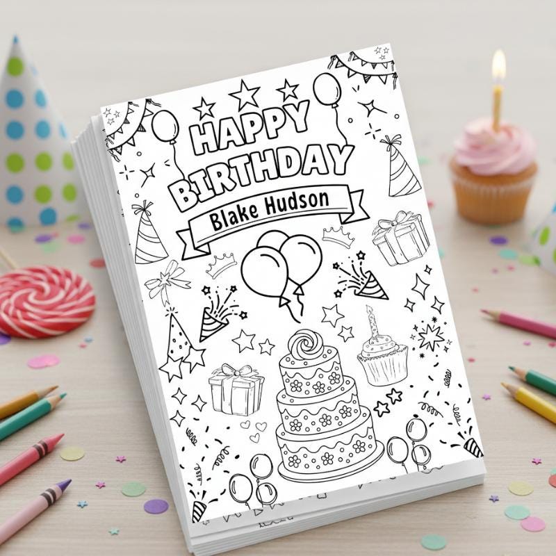 Editable Happy Birthday Coloring Page Canva, Personalized Kids Coloring ...