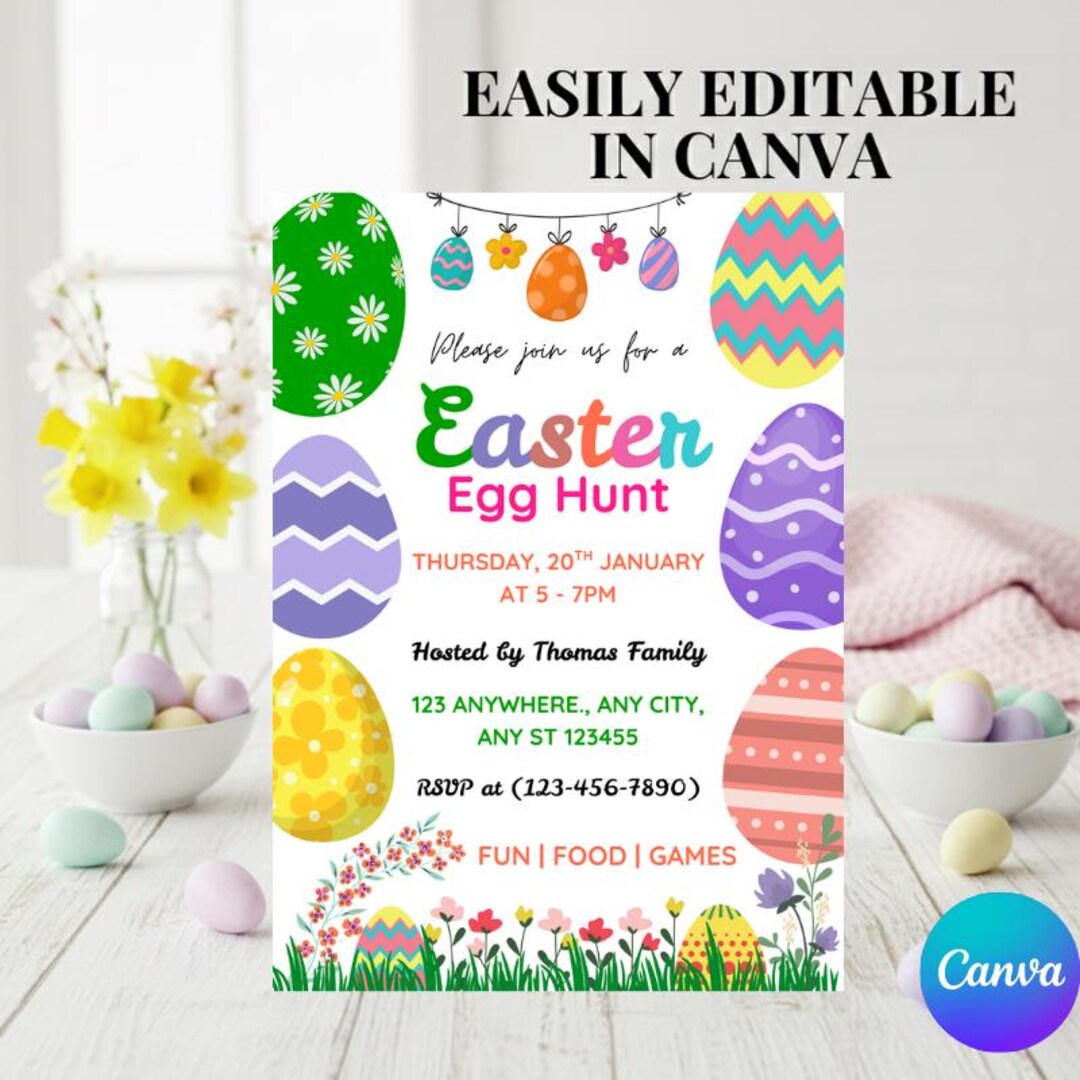 Editable Easter Egg Hunt Invitation Canva Template, Printable Easter ...