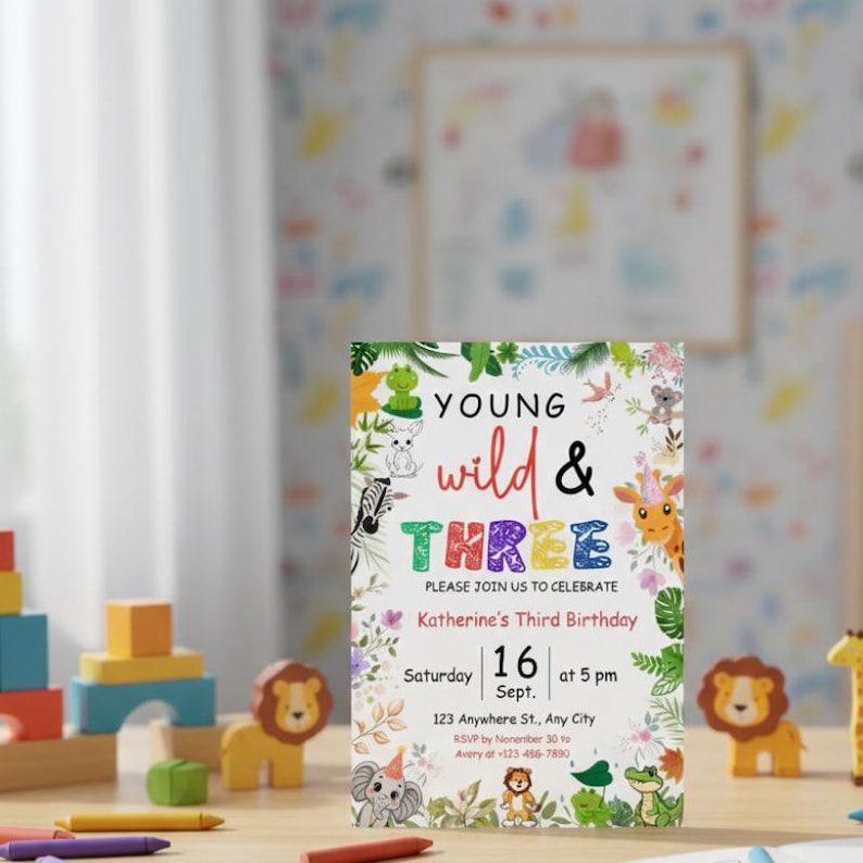 Editable Young Wild and Three Safari Birthday Invitation Canva Template ...