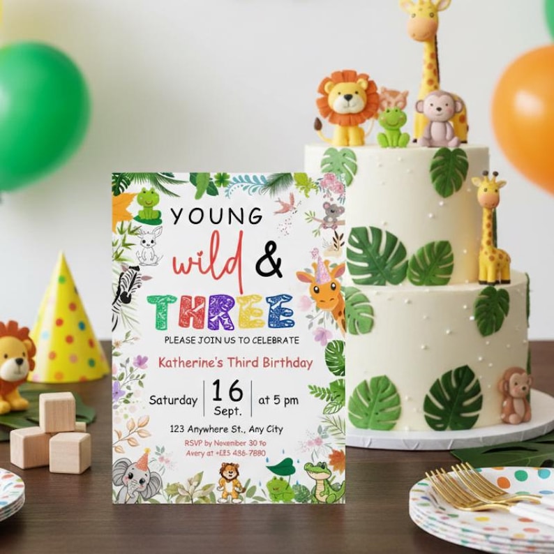 Editable Young Wild and Three Safari Birthday Invitation Canva Template ...