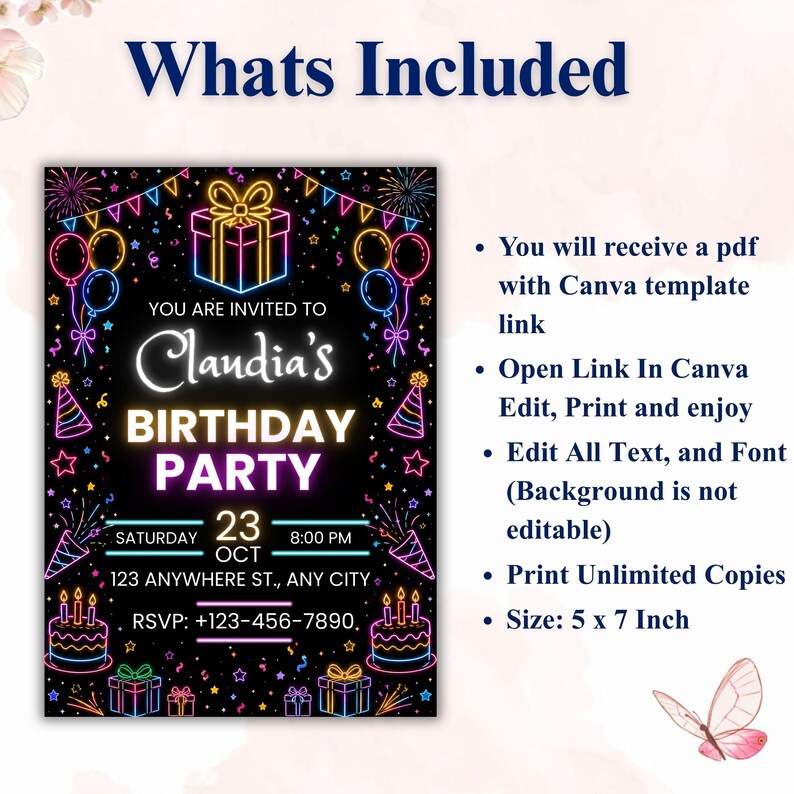 Neon Glow Birthday Invitation Editable Canva Template, Glow Party ...