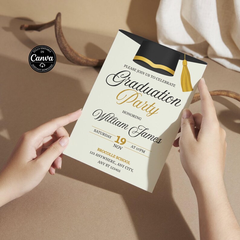 Elegant Graduation Party Invitation Template: Gold & Black Graduation ...