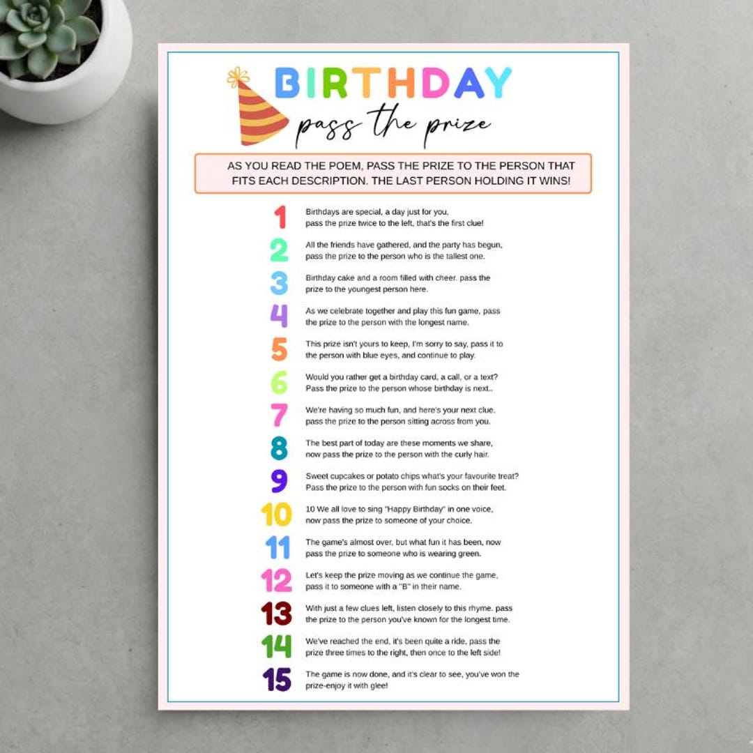 Pass the Prize Birthday Game, Printable Pass the Gift Party Game for ...