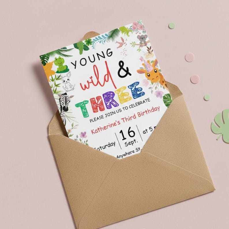 Editable Young Wild and Three Safari Birthday Invitation Canva Template ...
