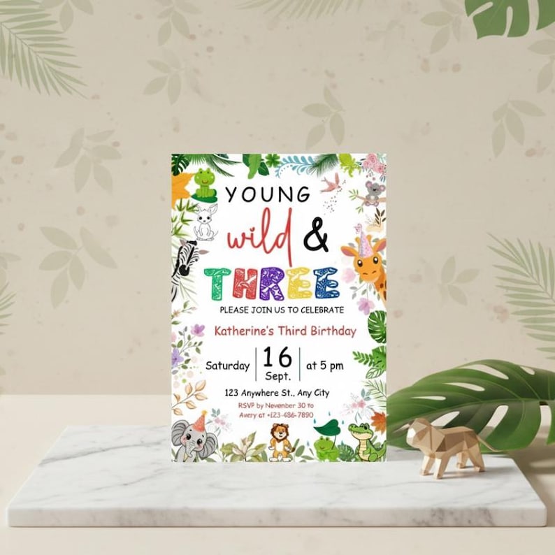 Editable Young Wild and Three Safari Birthday Invitation Canva Template ...