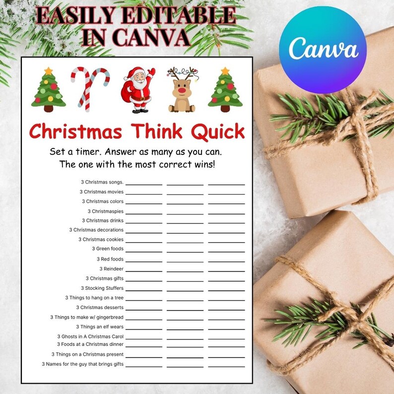Christmas Think Quick Game, Printable Holiday Trivia for Kids & Adults ...