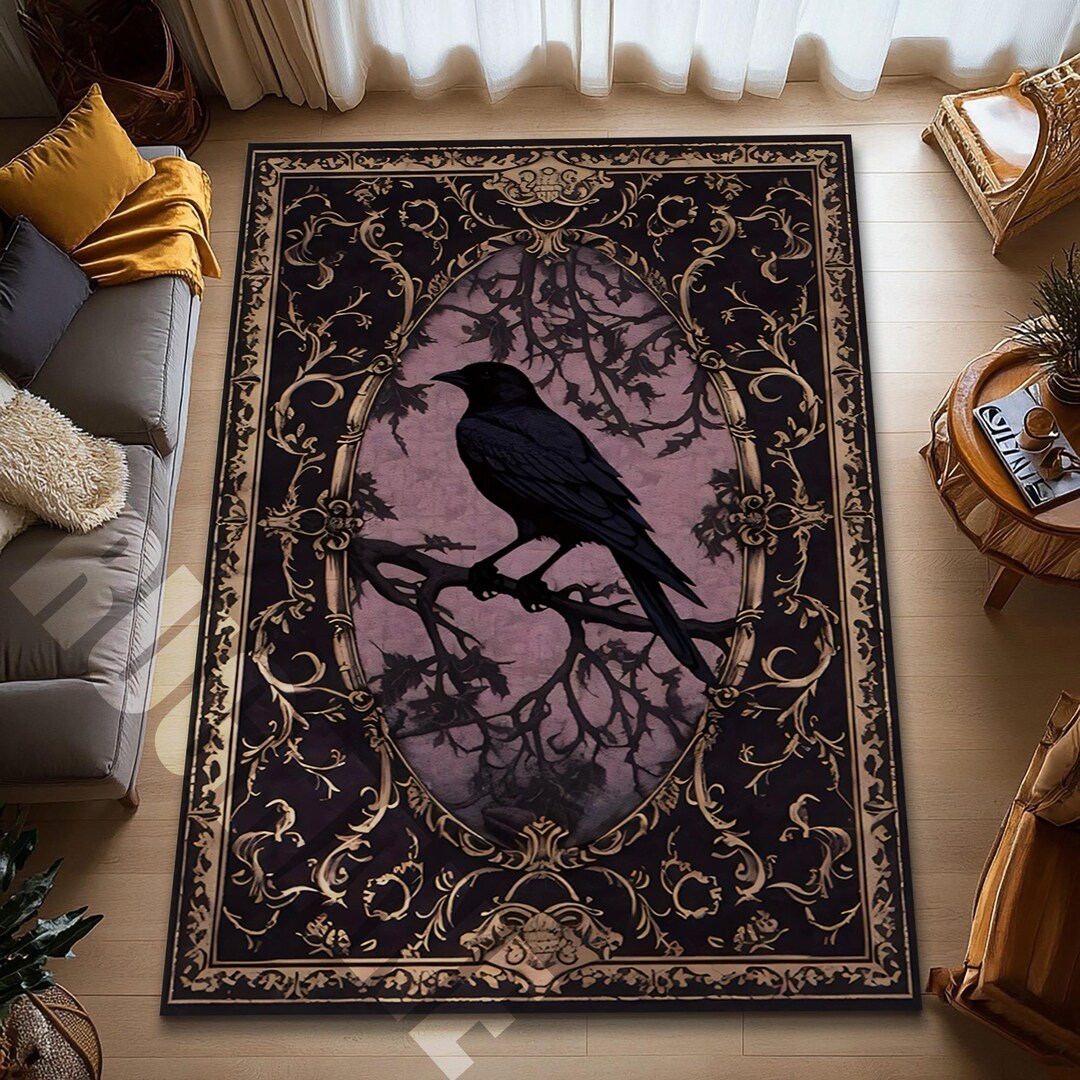 Gothic Raven Rug – Dark Aesthetic Crow Carpet, Vintage Victorian Style ...
