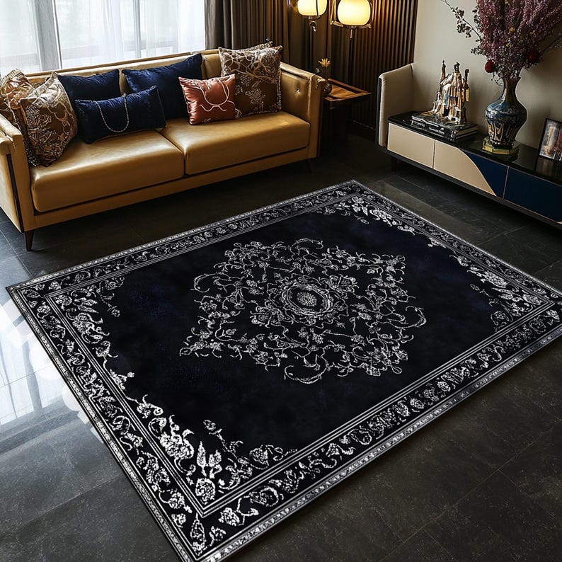 Black and Silver Ornate Area Rug, Luxury Victorian Damask Carpet, Dark ...