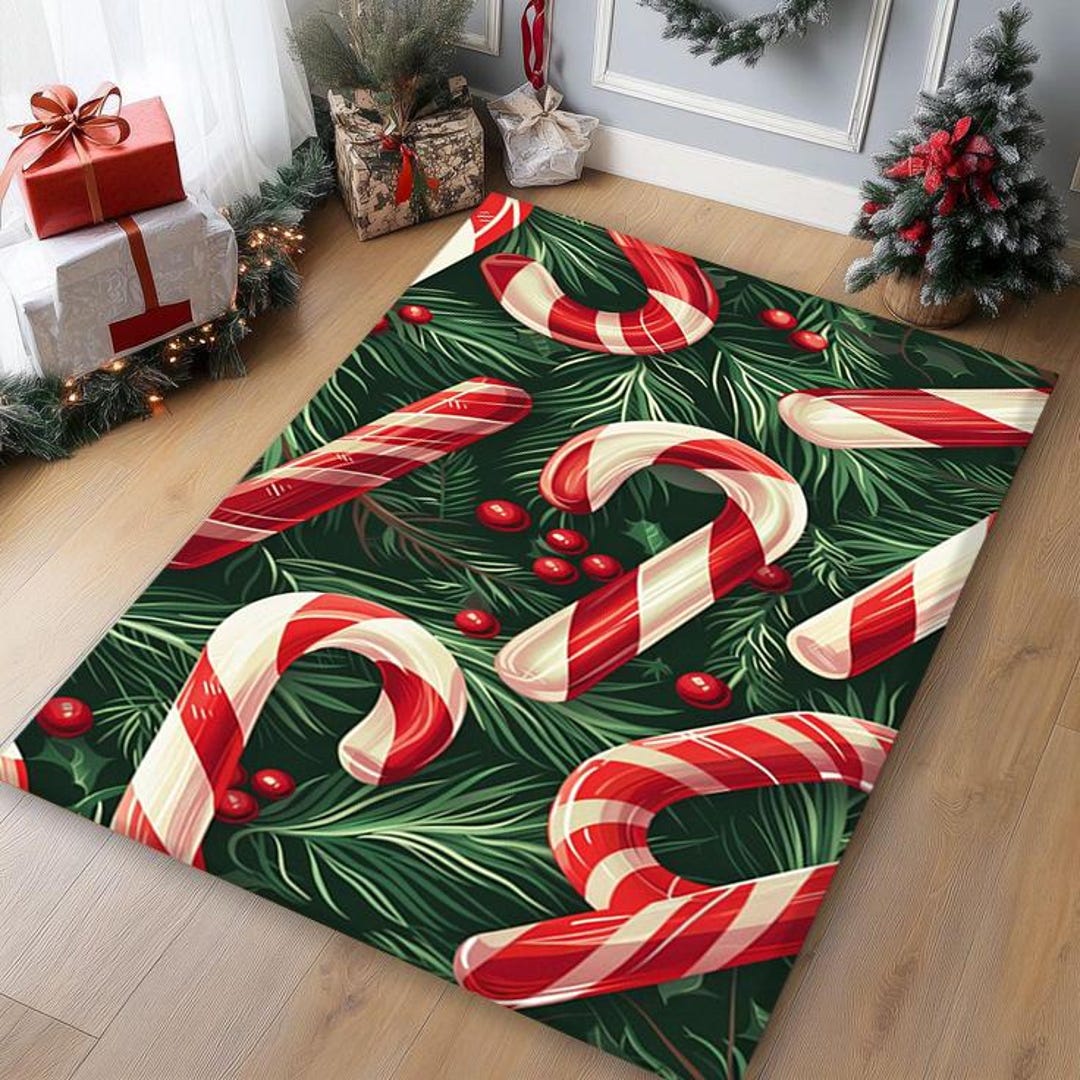 Christmas Candy Cane Pattern Area Rug, Festive Green Holiday Carpet ...