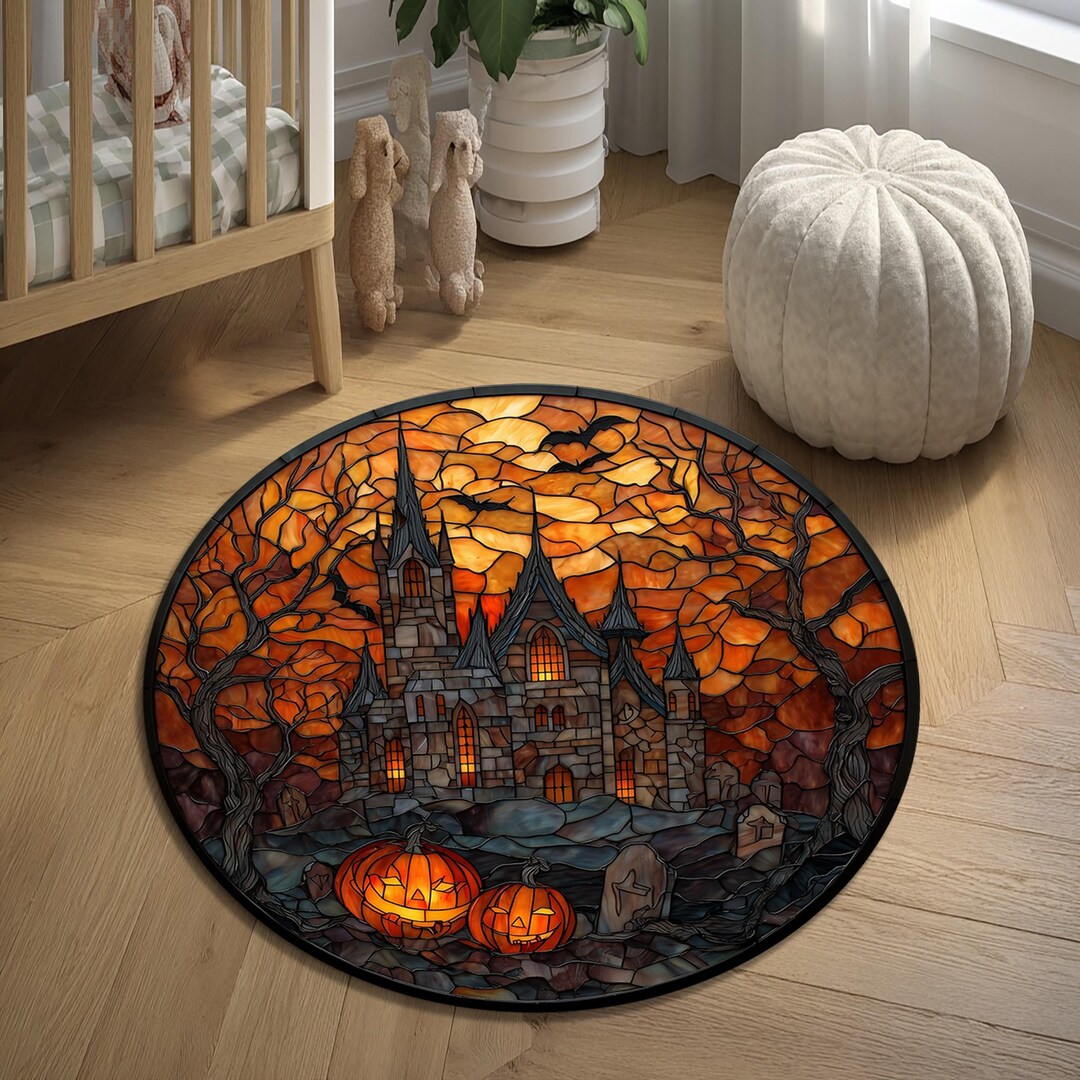 Stained Glass Gothic Castle Round Rug, Orange Halloween Doormat, Spooky ...