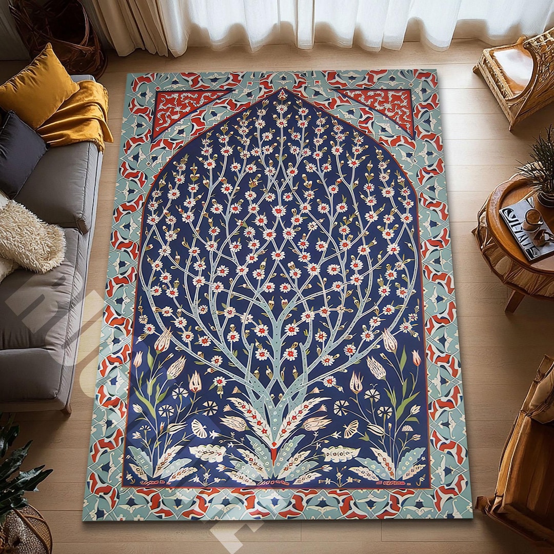 Navy Blue Tree of Life Rug, Ottoman Arch Design, Artistic Floral ...