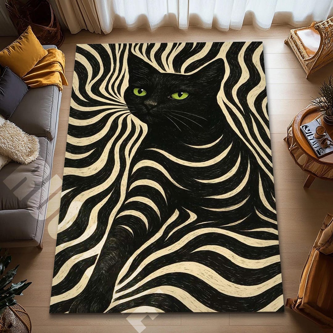 Hypnotic Black Cat Rug, Op Art Swirl Statement Floor Mat - Etsy