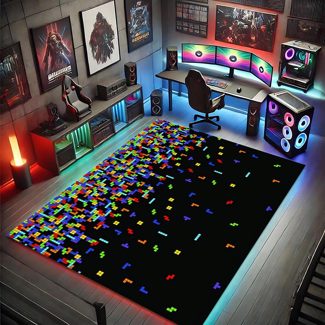 Tetris Pixel Gaming Area Rug, Retro Arcade Gamer Room Floor Carpet ...
