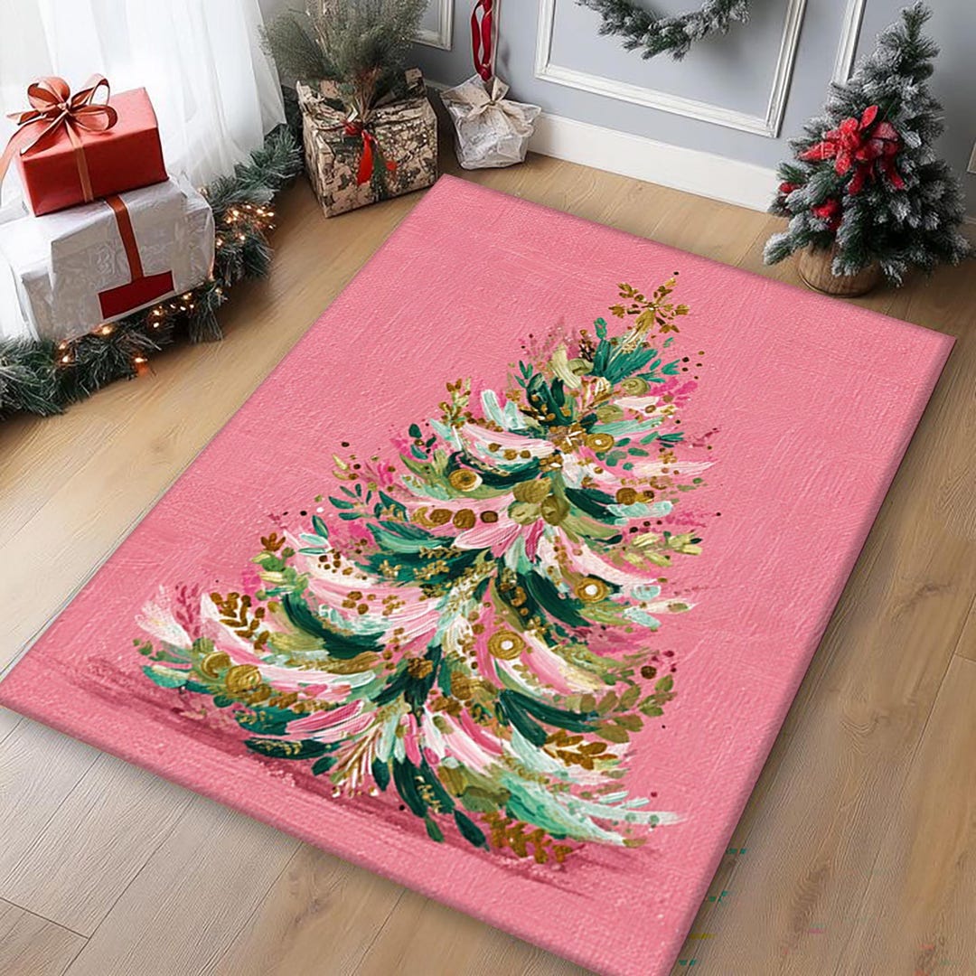 Pink Abstract Christmas Tree Art Rug, Modern Holiday Floor Mat - Etsy