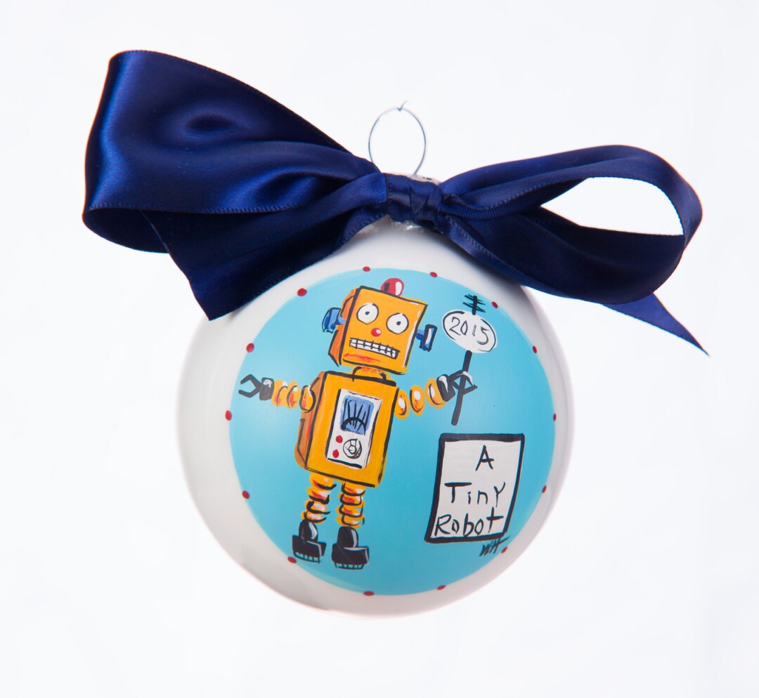 A Tiny Robot Hand Painted Glass Ornament - Etsy