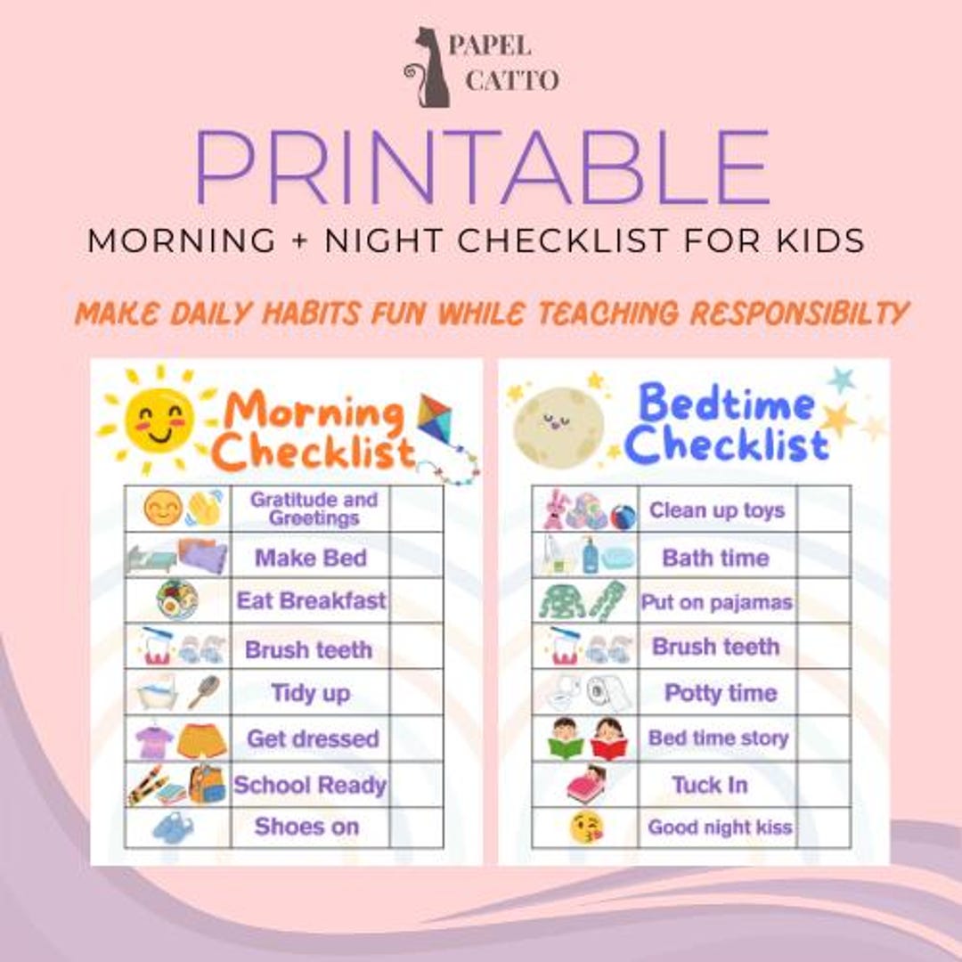 Printable Kids Morning & Bedtime Routine Checklist | Daily Routine ...