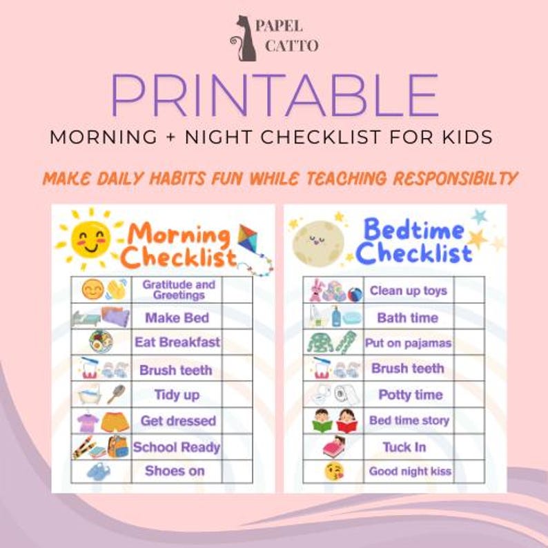 Printable Kids Morning & Bedtime Routine Checklist | Daily Routine ...