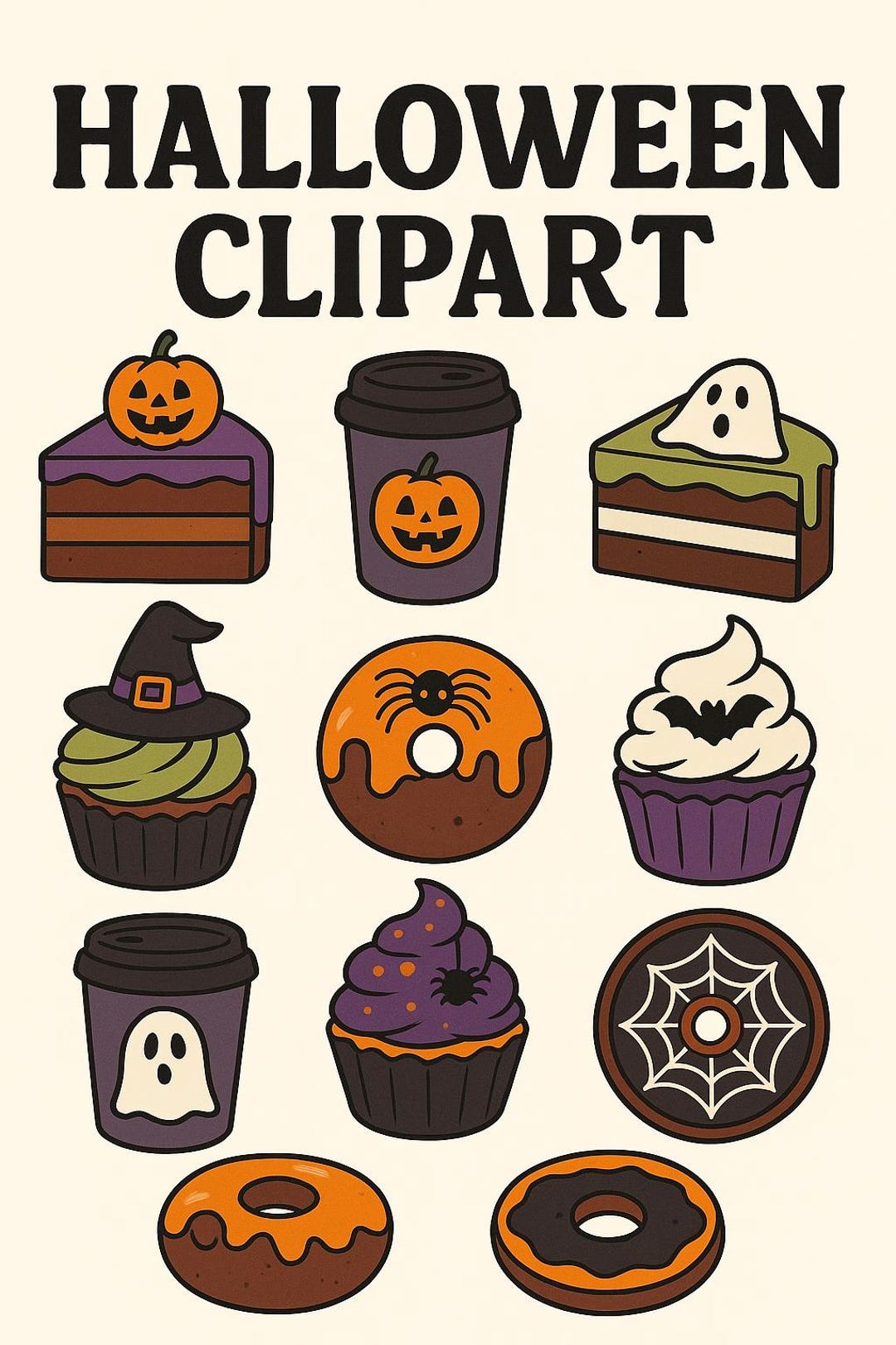 Halloween Bakery Clipart Set | Cute Donut Cupcake Cake & Coffee PNG ...