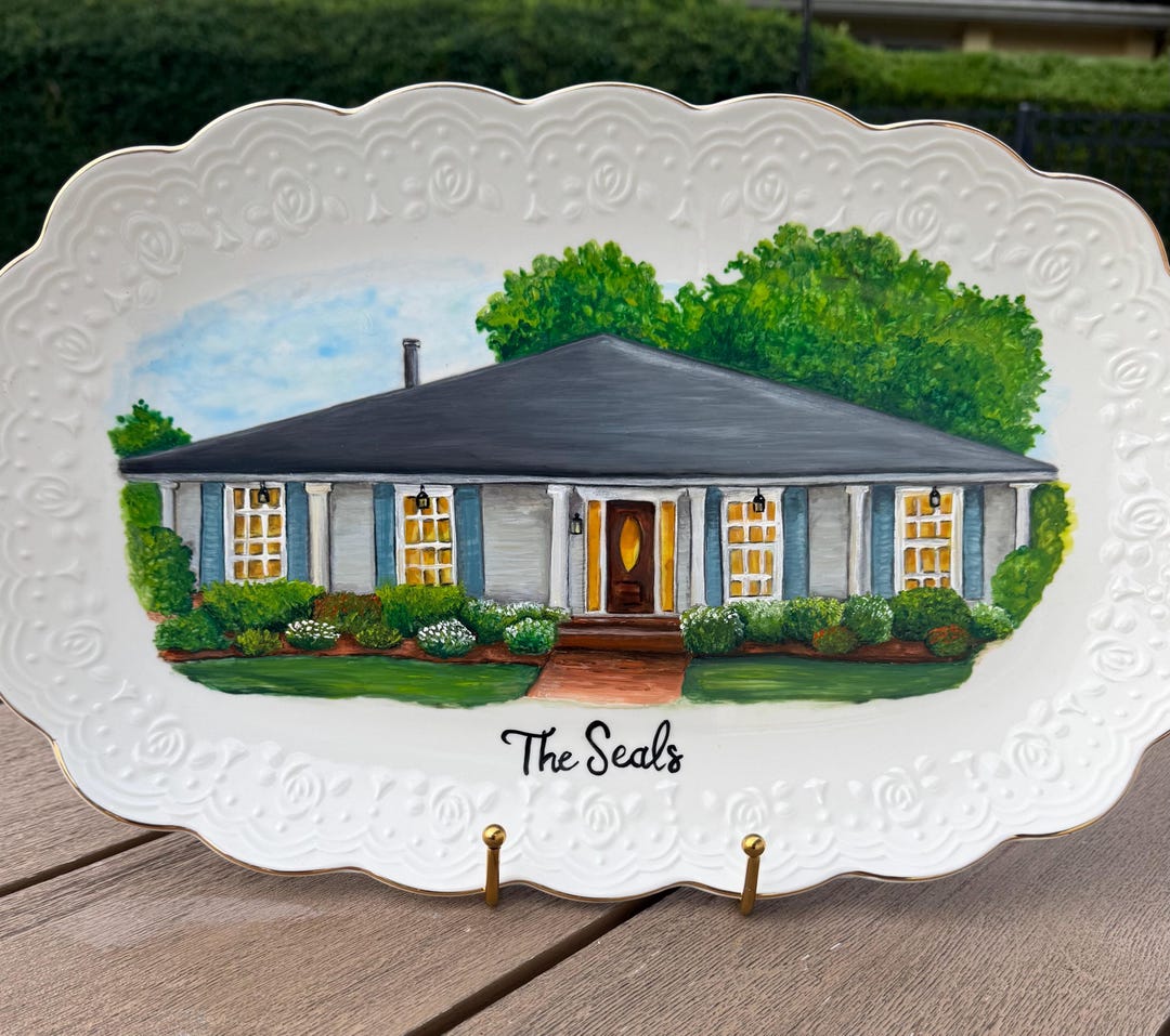 Custom House Portrait Platter/ Hand Painted Family Home Plate/ Realtor ...