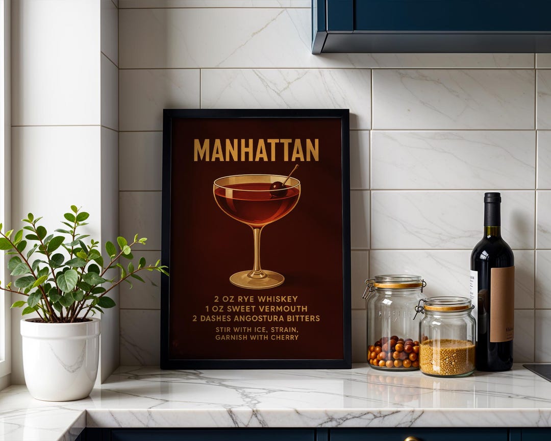 Manhattan Cocktail Poster, Retro Bar Art, Whiskey Drink Print, Vintage ...