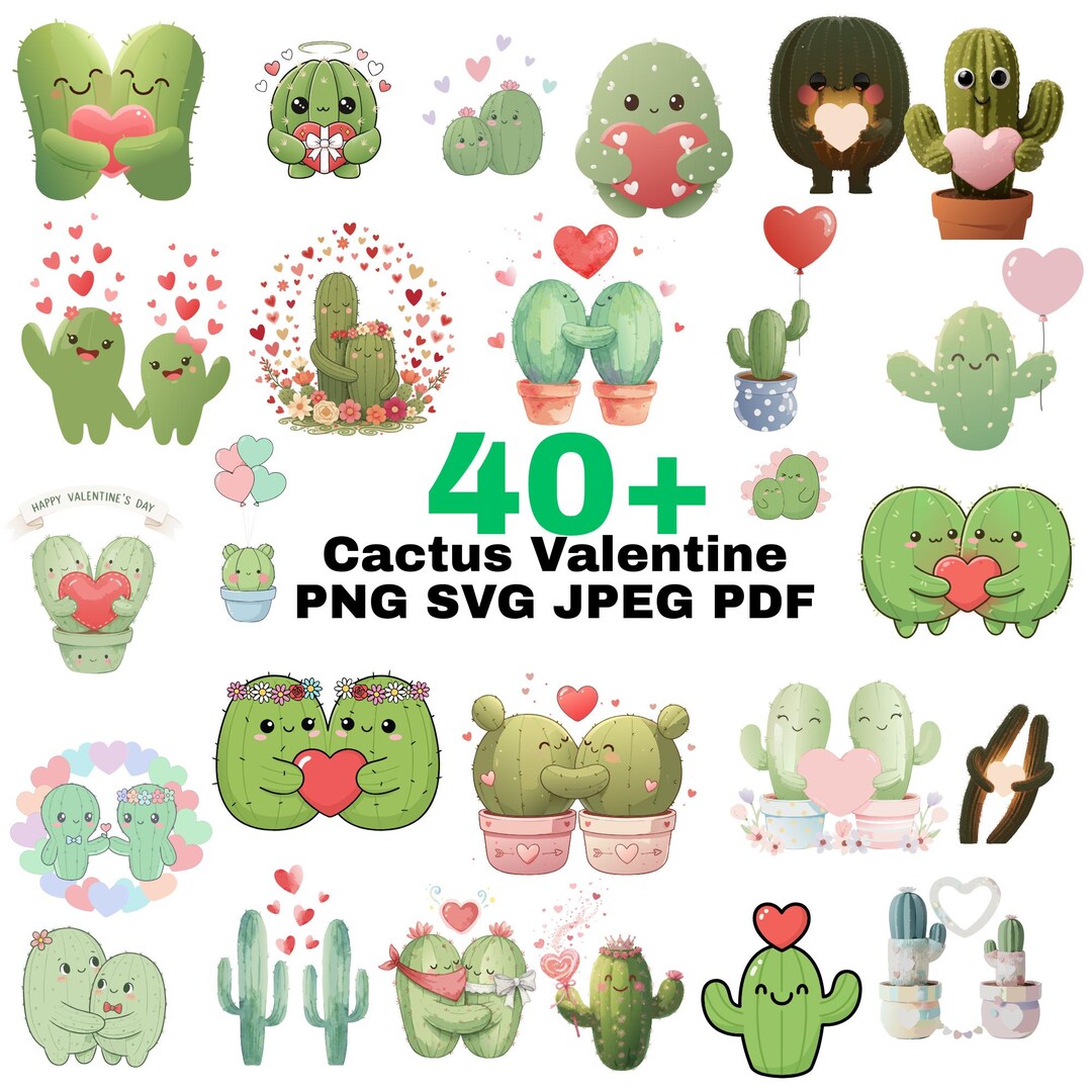 Cactus Valentine Clipart Bundle | 40+ PNG SVG Designs (digital Download ...
