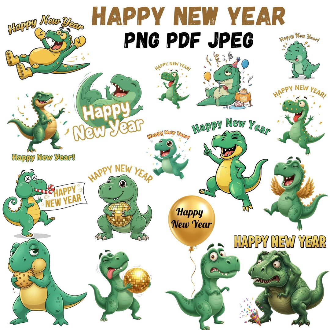 Happy New Year Dinosaur Clipart Bundle Png Pdf Jpeg| Cute Dino New Year ...