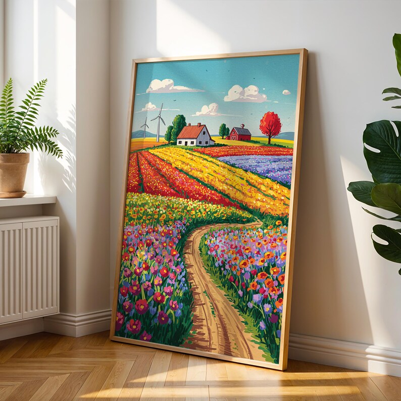 Colorful Flower Field Poster Print Framed, Countryside Farm Path Wall ...
