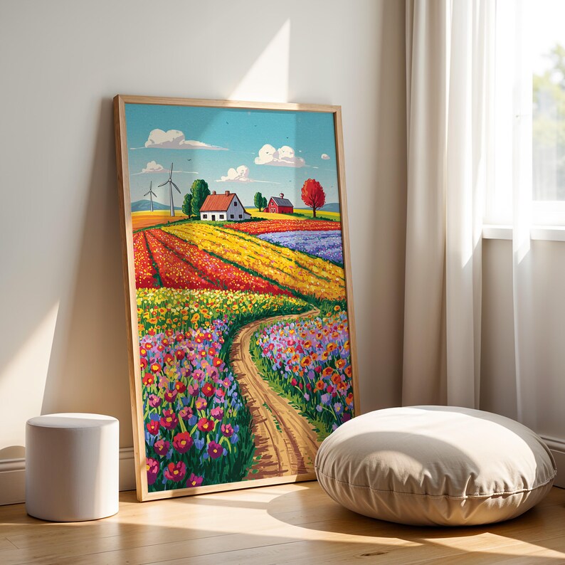 Colorful Flower Field Poster Print Framed, Countryside Farm Path Wall ...
