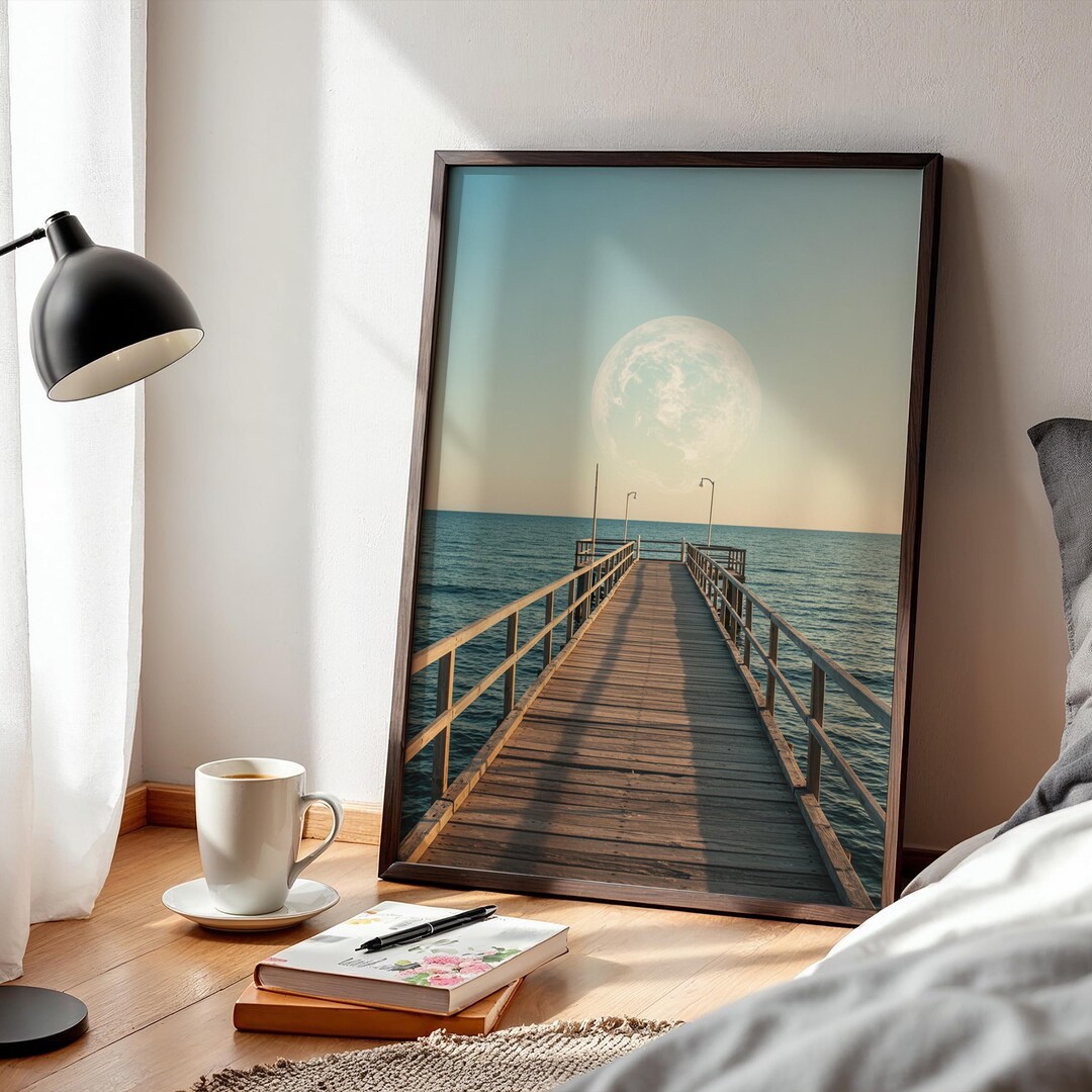 Ocean Pier Poster Giant Moon Art Print, Dreamy Seaside Minimal Wall ...