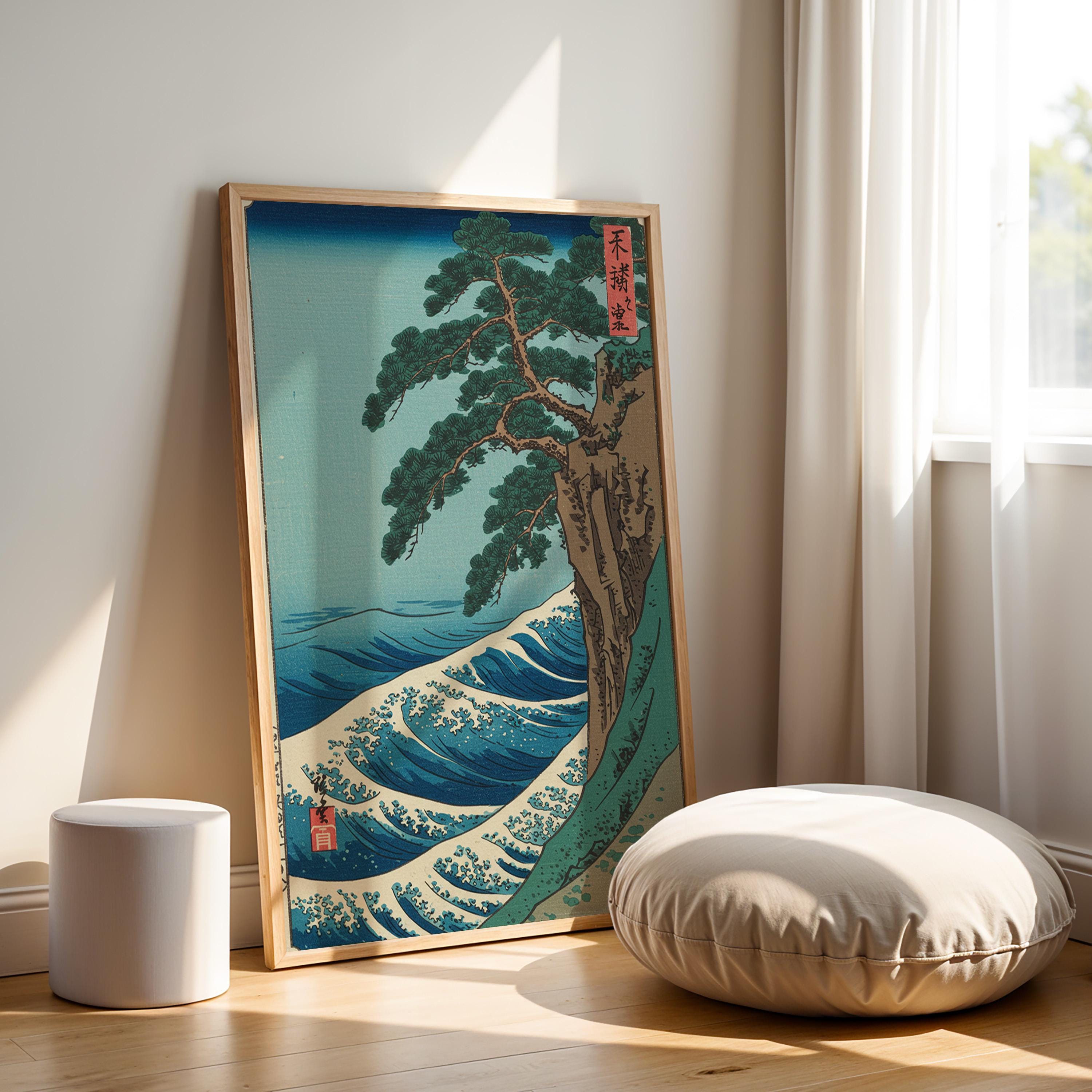 Japanese Wave Tree Poster Ocean Woodblock Style Print, Minimal ...