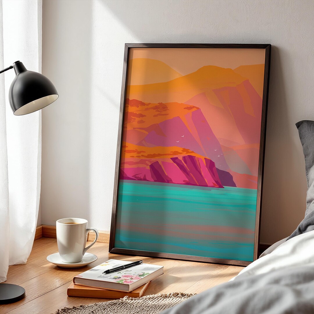 Sunset Cliffside Poster Wall Art, Framed Coastal Landscape Print ...