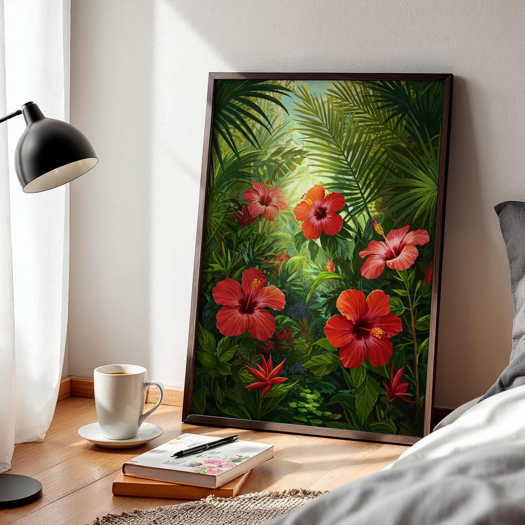 Tropical Hibiscus Poster Wall Art Print, Framed Jungle Flower Botanical ...