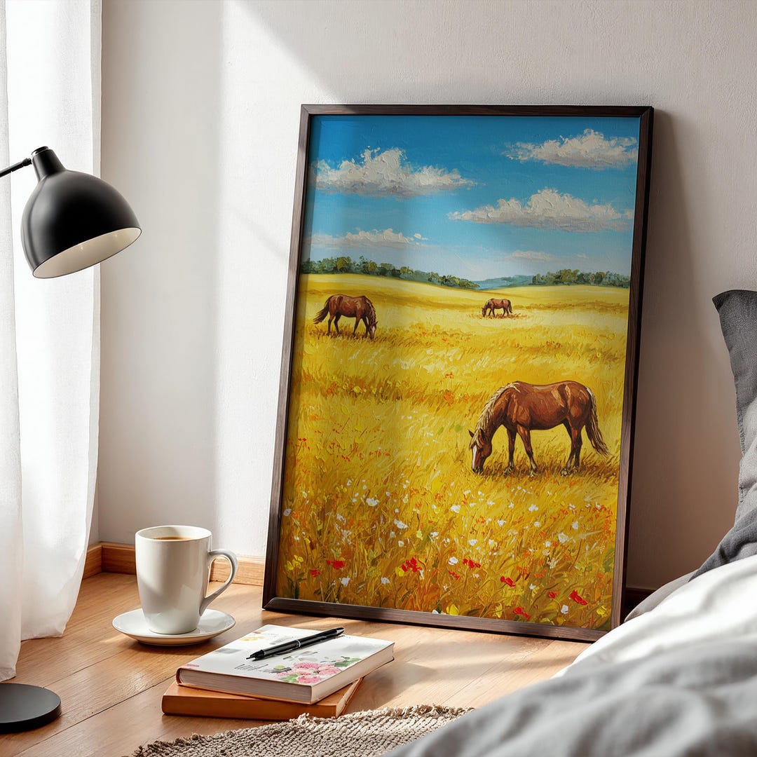Grazing Horses Field Poster Print Framed, Country Meadow Wall Art ...