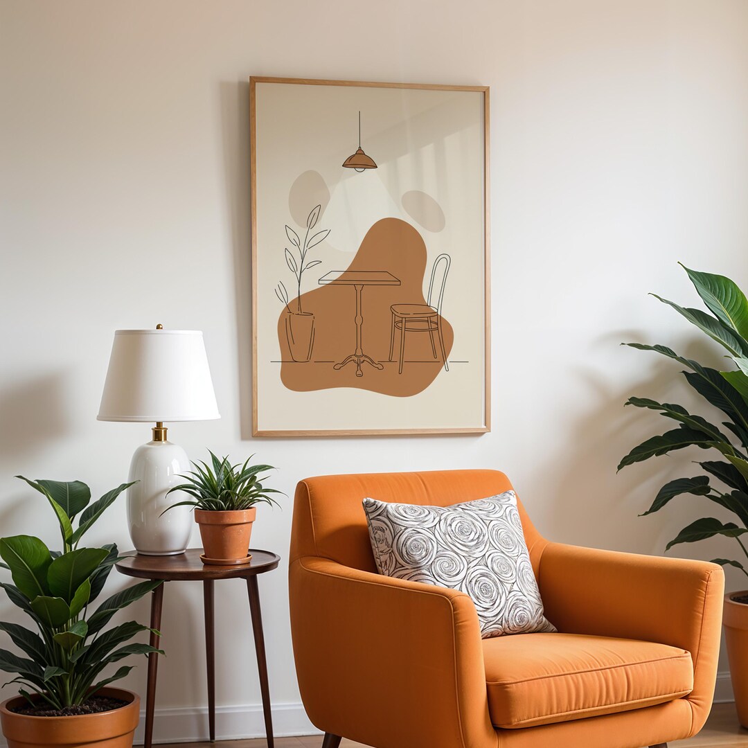 Minimal Cafe Corner Art Print, Cozy Table Line Drawing, Warm Toned ...
