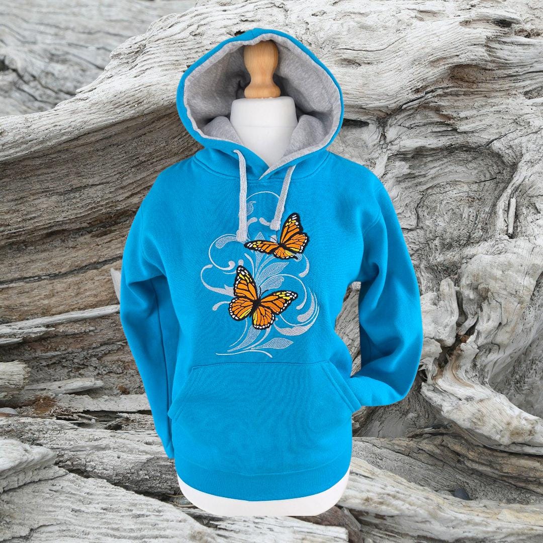 Monarch Butterfly Embroidered Hoodie; Adult Hooded Turquoise Sweatshirt ...