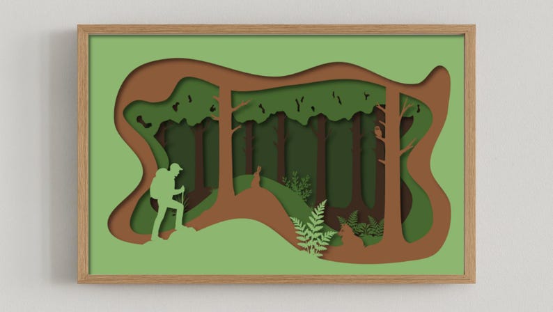 Layered Forest Scene – 3D Papercut SVG Template | Hiker & Wildlife ...