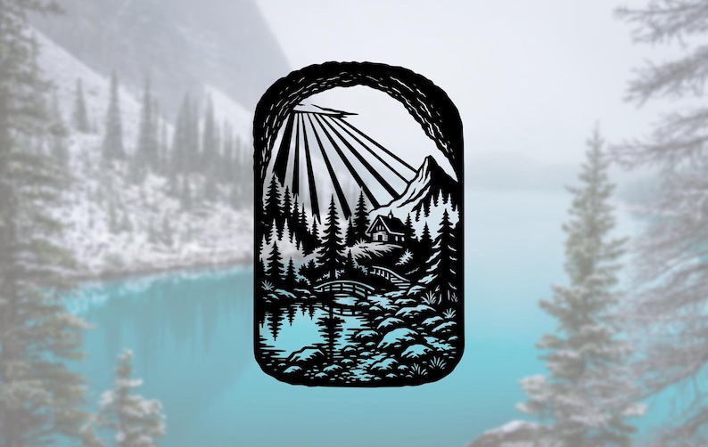 Mountain Lake Cabin Silhouette SVG | Laser Cut File, Engraving Template ...