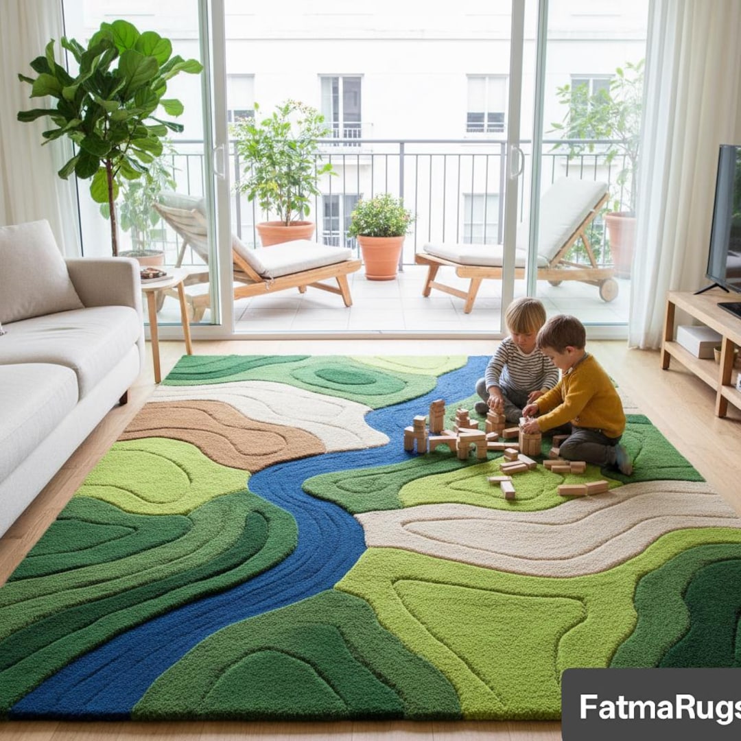 Hand Tufted Wool Rug | River Landscape, Kids Playroom Decor - Etsy