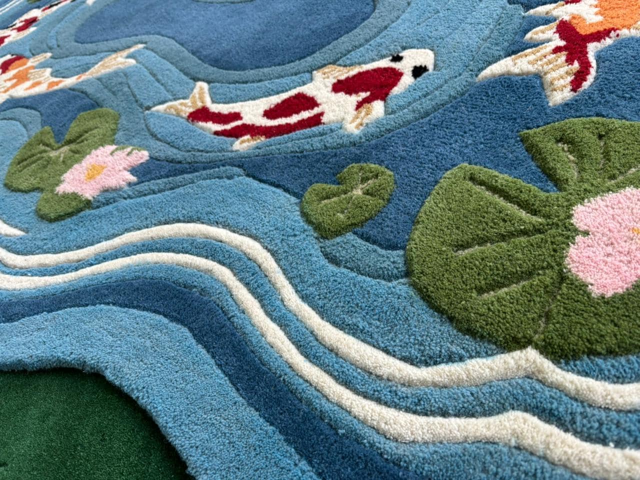 Hand Tufted Koi Fish Pond Rug | 3D Carved Water Lily Carpet | Irregular ...