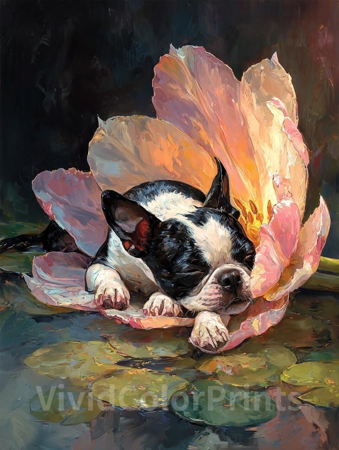 Boston Terrier Sleeping on Lotus Flower – Digital Download Wall Art ...