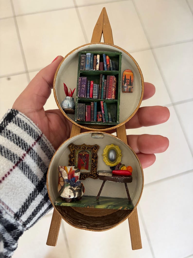 Handmade Miniature Library Diorama, Tiny Bookshelf Scene, Reading Nook ...