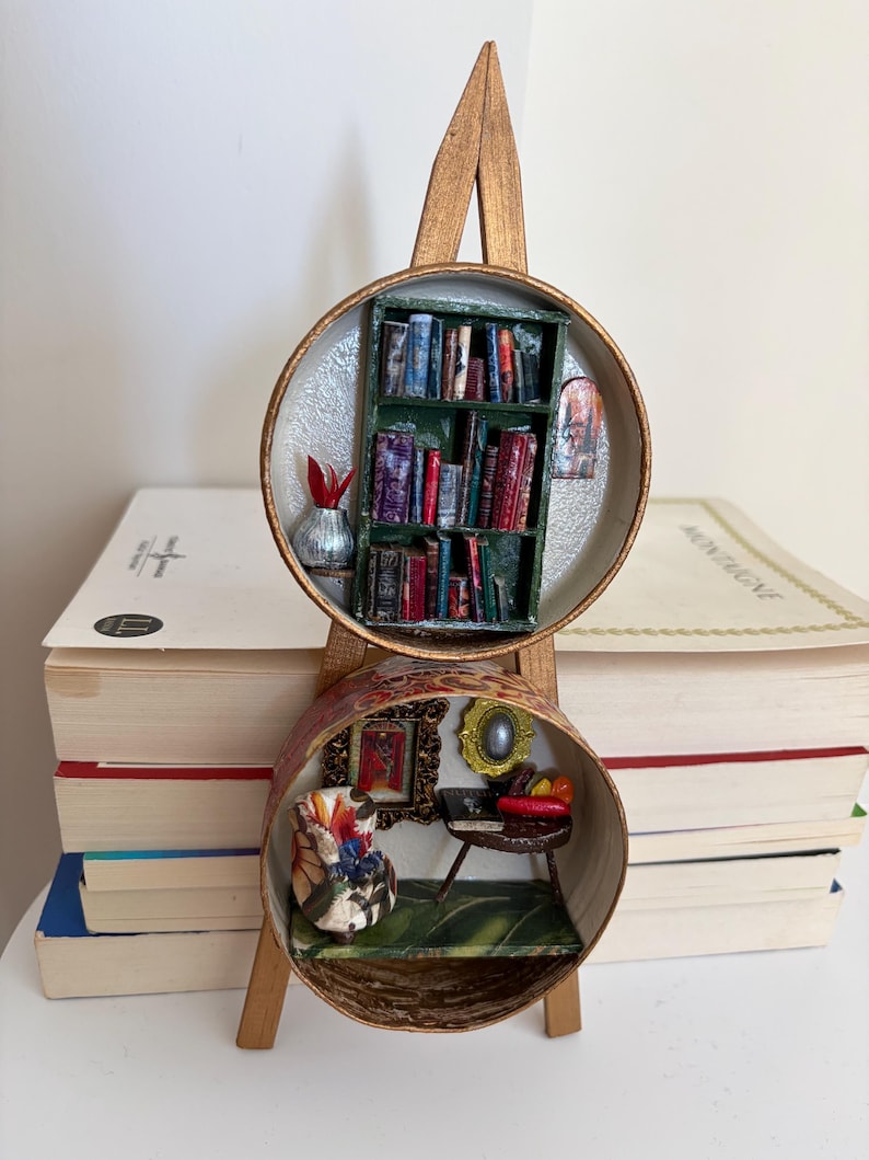 Handmade Miniature Library Diorama, Tiny Bookshelf Scene, Reading Nook ...