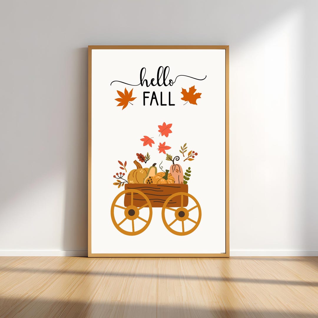 Hello Fall Pumpkin Cart Printable, Cozy Autumn Farmhouse Wall Art ...