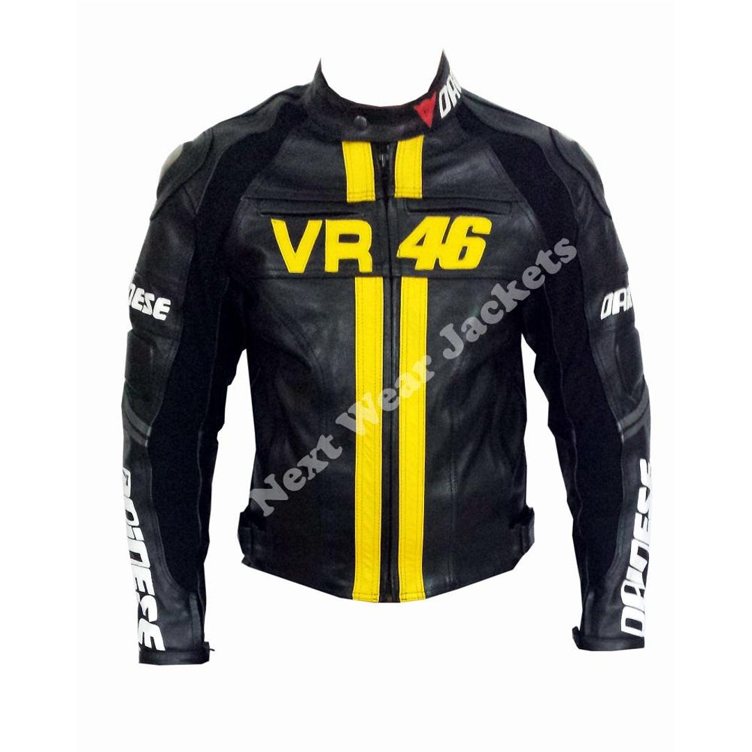Black Leather Motorcycle Racing Jacket With Yellow Stripe – Men’s ...