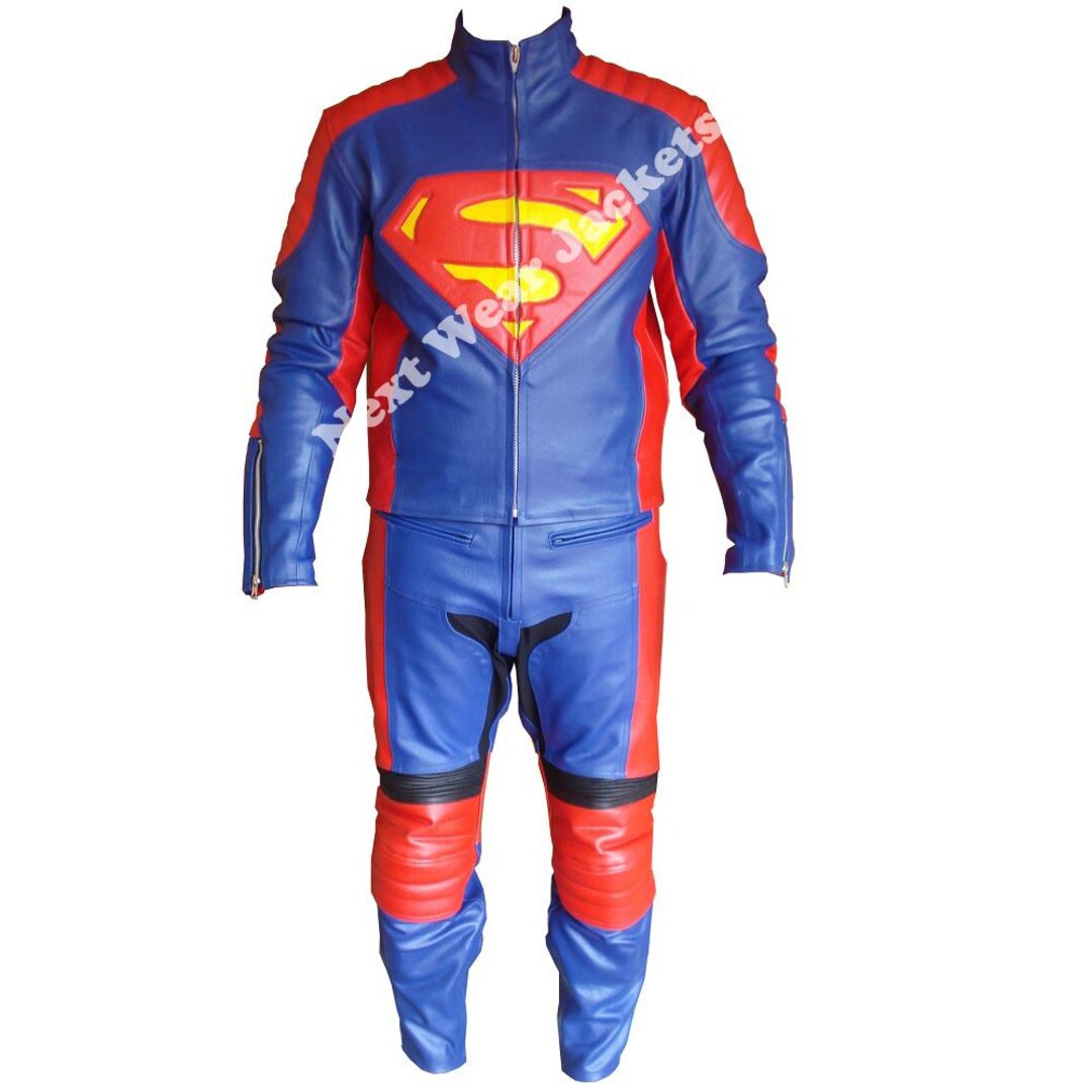 Superhero Blue Red Biker Racing Gear | Superman Style Leather Biker ...
